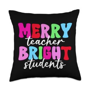 funny christmas family matching outfits by smp merry teacher bright students retro groovy funny christmas throw pillow, 18x18, multicolor