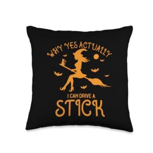 cute halloween costume by smp why yes actually i can drive a stick funny spooky halloween throw pillow, 16x16, multicolor