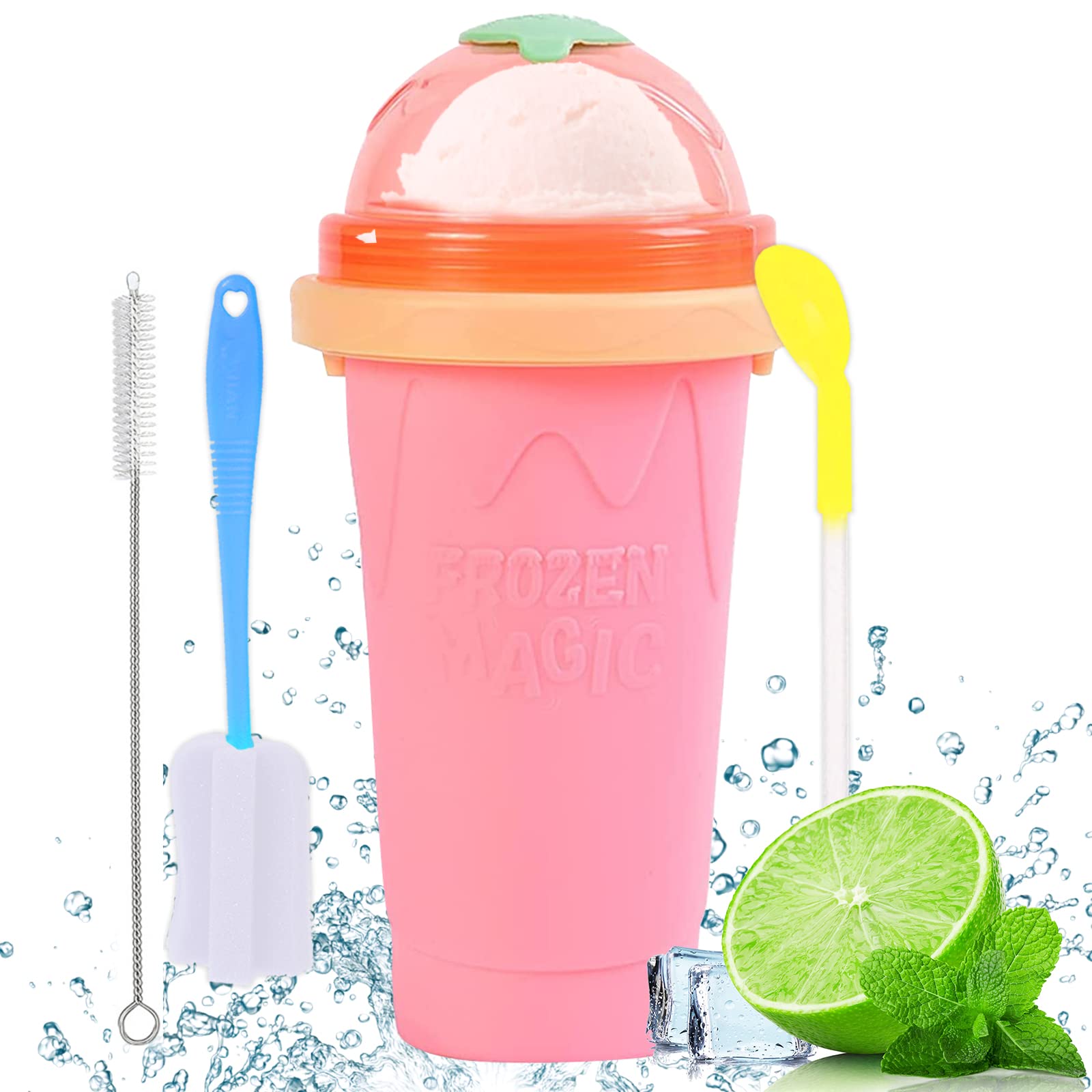 Slushy Cup - Tik Tok Magic Quick Frozen Smoothie Cup, Double Layer DIY Homemade Slushy Maker Cup, Food Grade Silicone Slushie Maker Cup with Spoon & Cleaning Brush for Kids, Birthday Gift - Pink New