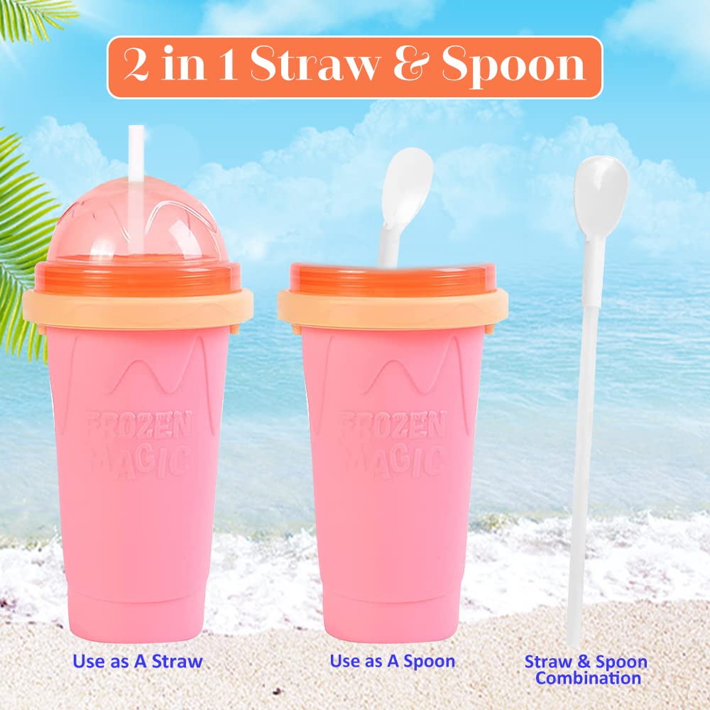 Slushy Cup - Tik Tok Magic Quick Frozen Smoothie Cup, Double Layer DIY Homemade Slushy Maker Cup, Food Grade Silicone Slushie Maker Cup with Spoon & Cleaning Brush for Kids, Birthday Gift - Pink New