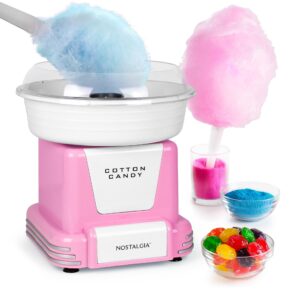 nostalgia cotton candy machine - retro cotton candy machine for kids with 2 reusable cones, 1 sugar scoop, and 1 extractor head – pink