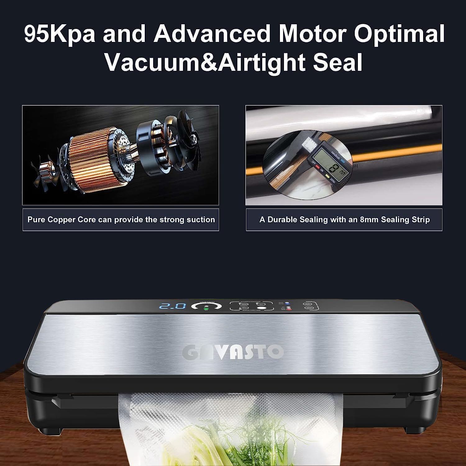 Vacuum Sealer Machine, ETL TESTED & CERTIFIED 95KPA Digital Display Food Sealer with Built-in Cutter and Bag Storage(Up to 20 Feet Length), With 2 Bag Rolls 11”x16’ &8”x16’, Both Auto&Manual Options