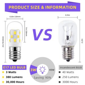 AMI PARTS E17 LED Light Bulb 3W 380LM 6000K Daylight White, 8206232A 40 Watt Appliance Bulb Incandescent Equivalent,for Microwave Light Bulbs Under Hood Refrigerators Oven (2 Packs)