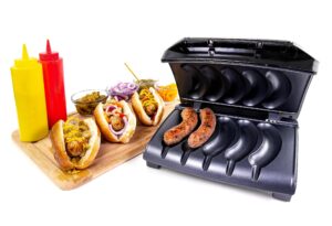 homecraft electric sausage & brat grill with oil drip tray, carry handle, and cord storage, up to 5 links of beef, turkey, chicken, veggie sausages, or hot dogs