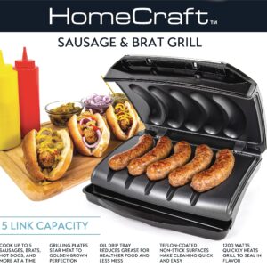 Homecraft Electric Sausage & Brat Grill with Oil Drip Tray, Carry Handle, and Cord Storage, up to 5 Links of Beef, Turkey, Chicken, Veggie Sausages, or Hot Dogs