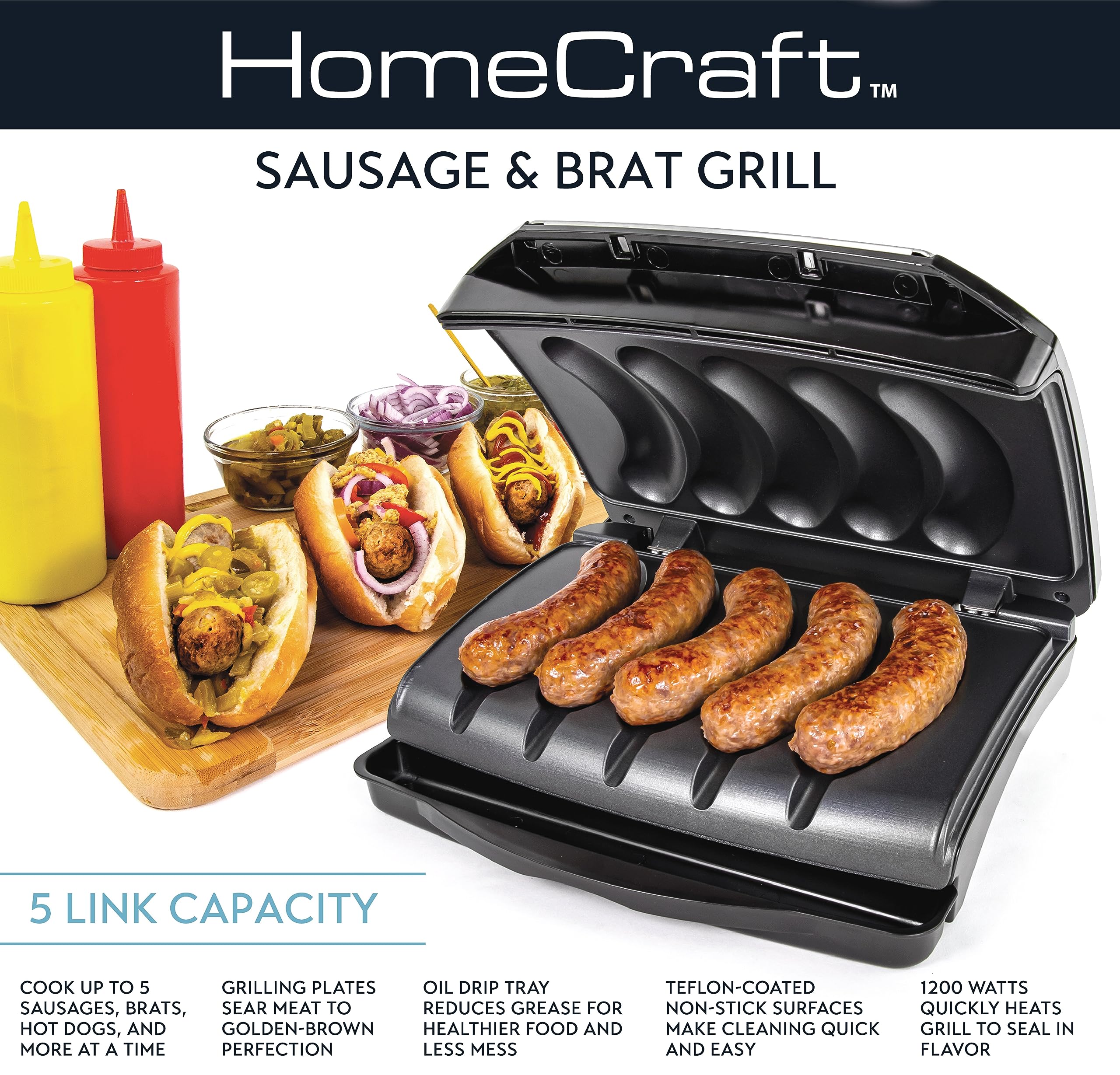 Homecraft Electric Sausage & Brat Grill with Oil Drip Tray, Carry Handle, and Cord Storage, up to 5 Links of Beef, Turkey, Chicken, Veggie Sausages, or Hot Dogs