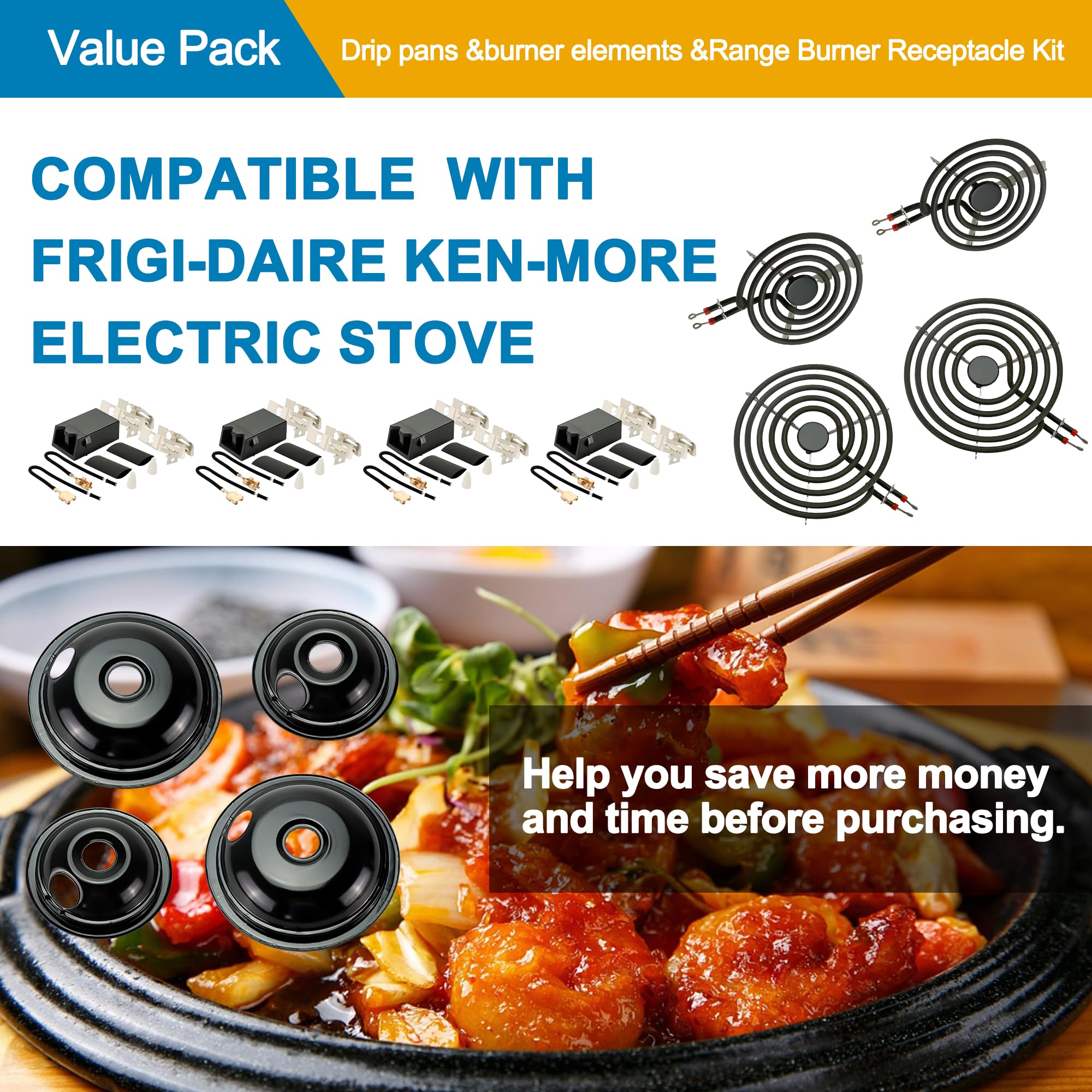 MP22YA Electric Range Burner Element Unit Set with 330031 Surface Element Receptacle Kit and Porcelain Drip Bowl Set by Fetechmate Compatible with whir-pool Frigi-daire Ken-more May-tag Range Oven