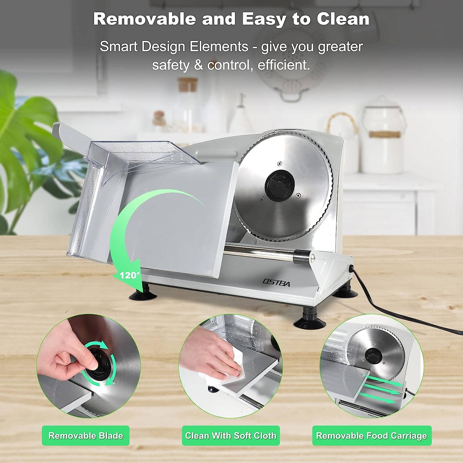 OSTBA Meat Slicer, Electric Deli Food Slicer with Removable Stainless Steel Blades, Adjustable Thickness Meat Slicer for Home Use, Easy to Clean, Ideal for Cold Cuts, Cheese, Bread, Fruit