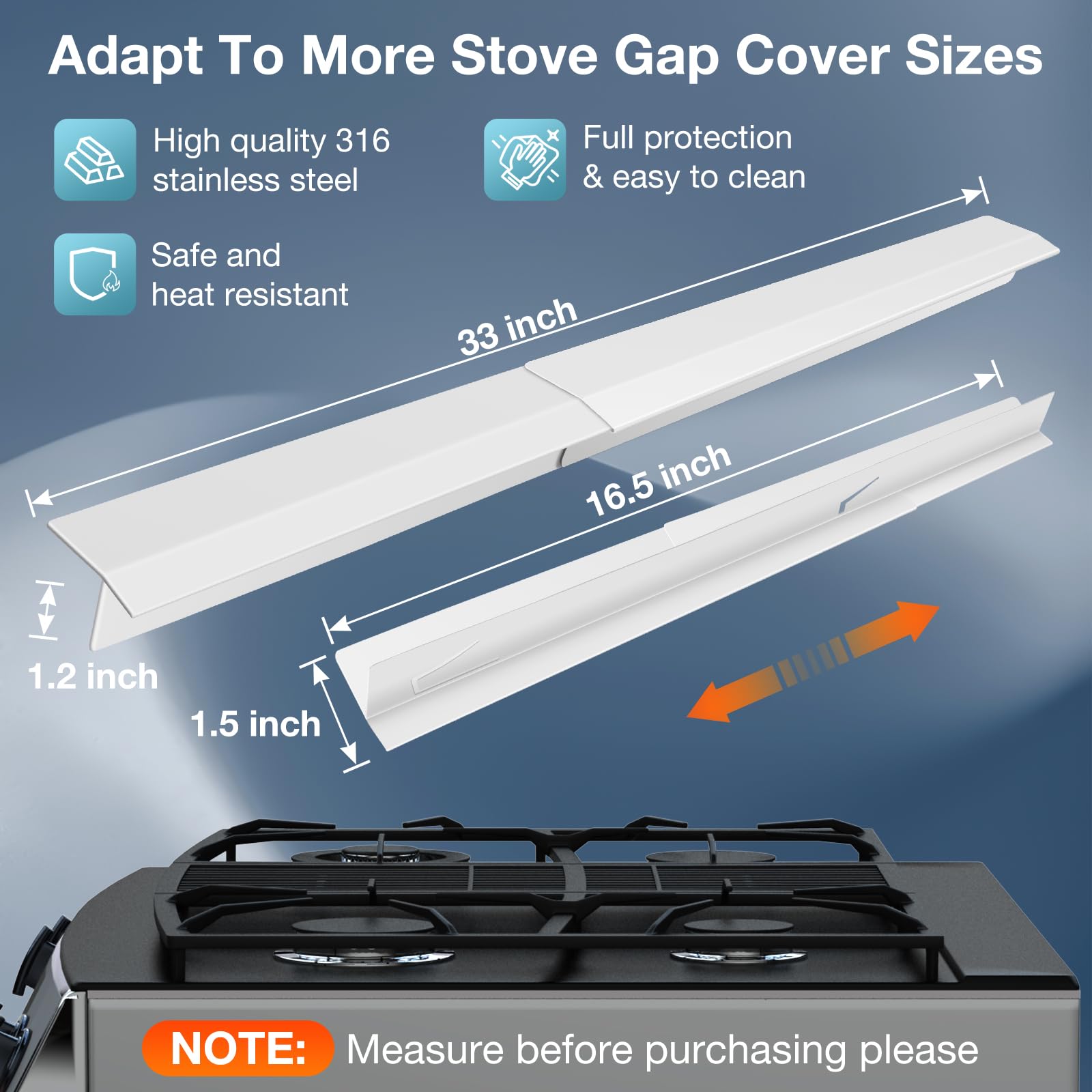 16.5"-33" Stove Counter Gap Covers, Stainless Steel Stove Guard, Cooktop Trim Kit, Stove Gap Guards, Oven Gap Filler, Heat Resistant & Effectively Protect Stove Gap Filler,White(2PCS)