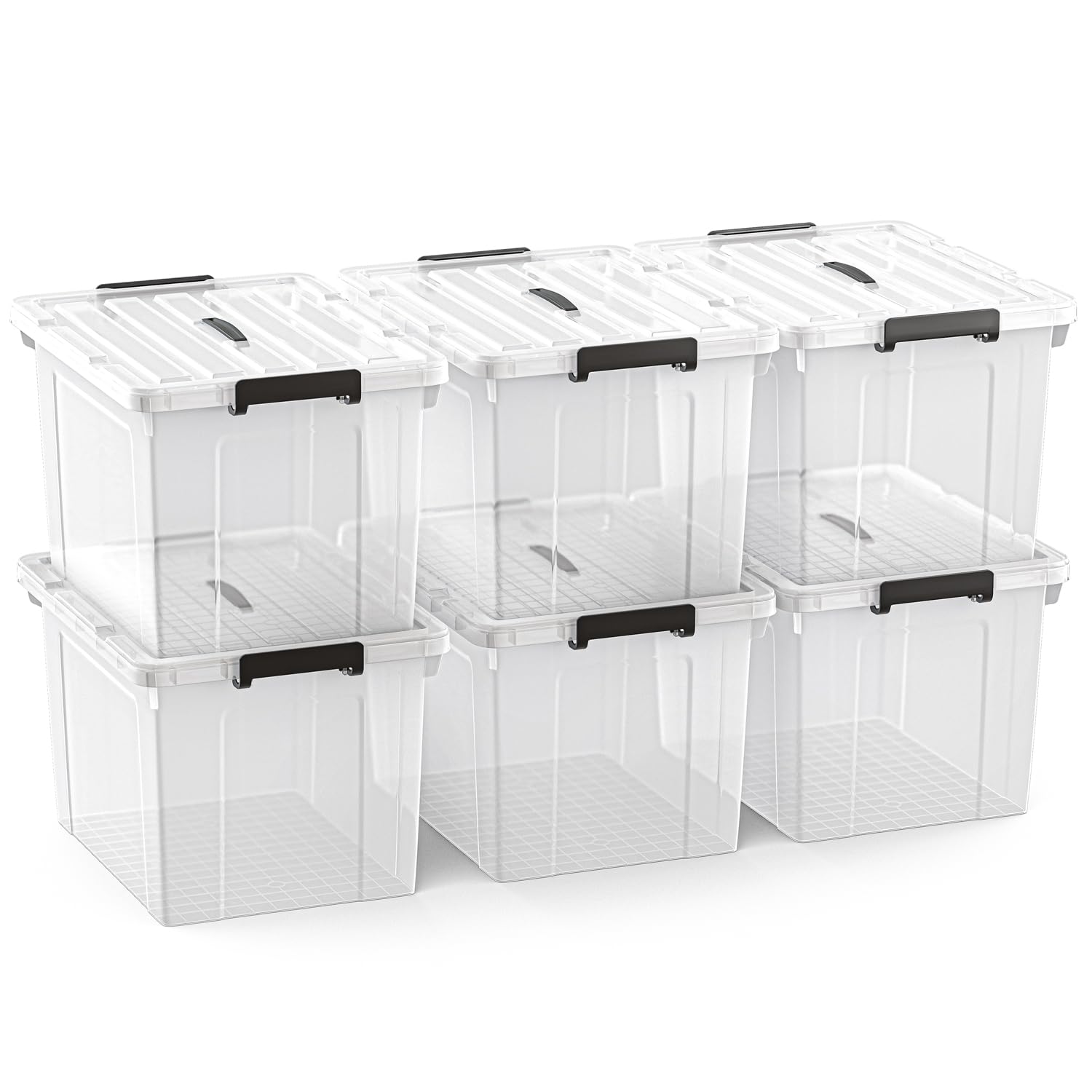 Lifetime Home (6 Pack) 48 Qt. [UPGRADED] Plastic Storage Bin Tote Organizing Container with Ultra Durable Lid and Secure Latching Buckles, Stackable, Extra Strength Clear with Black Handle