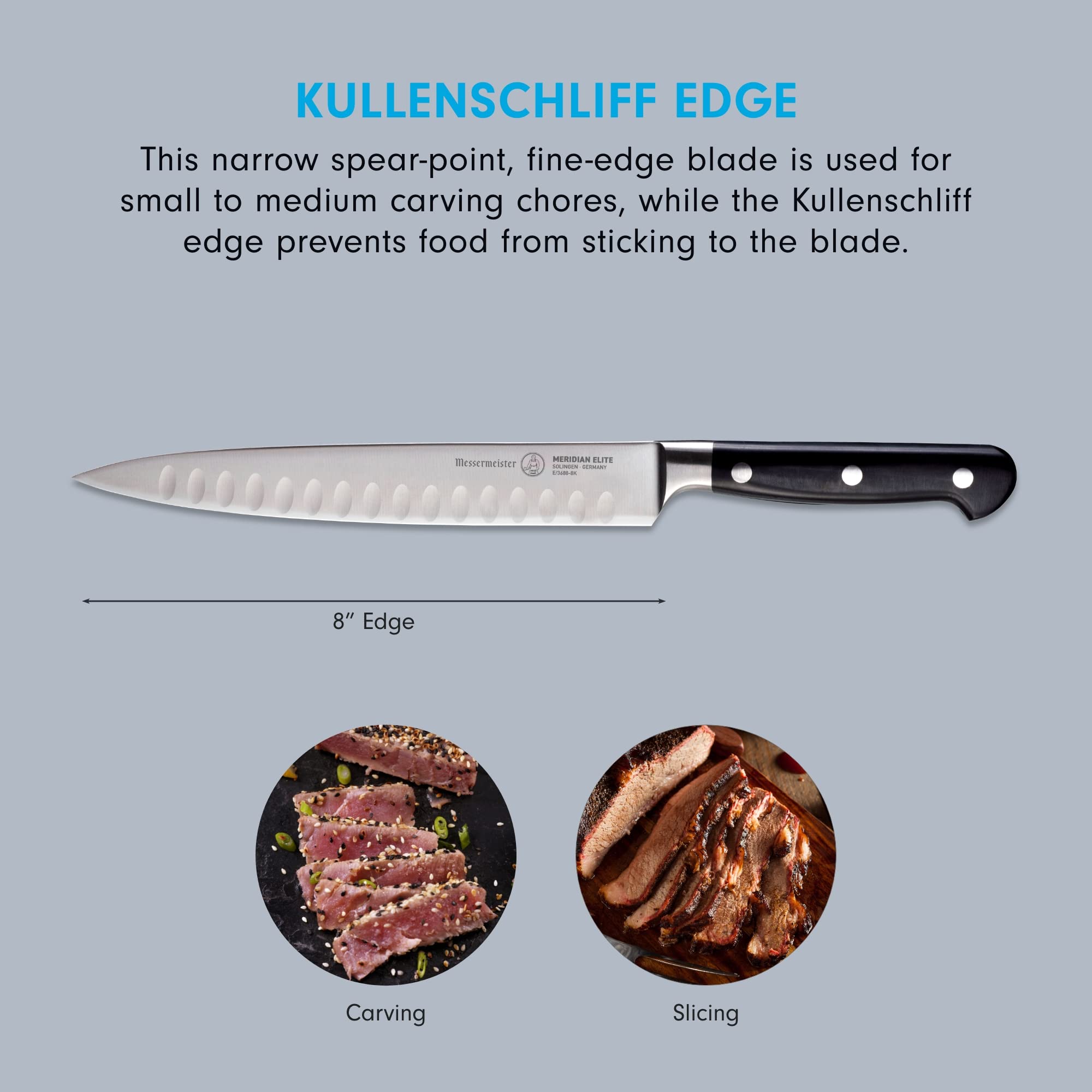 Messermeister Meridian Elite 8” Kullenschliff Carving Knife - Fine German Steel Alloy Blade - Rust Resistant & Easy to Maintain