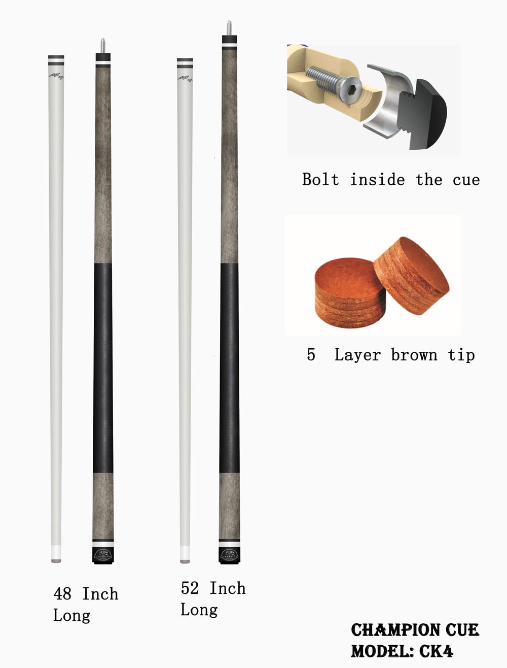 2022 New Champion Sport Co 42 inch, 48 inch or 52 inch Billiards Cue Stick Junior Size Cues (52 Inch Long 20oz, Gray)