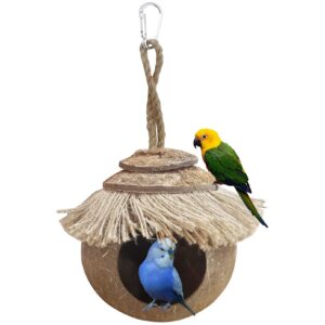 tfwadmx coconut hide with loop, natural coconut fiber hanging birdhouse cage, coconut bird shell breeding nest for parrot parakeet lovebird finch canary, pet cage habitats decor,small animals house