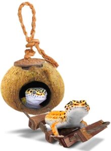 sungrow leopard gecko coconut husk hut with ladder, with shell opening, cave habitat with hanging loop, 1 pc per pack