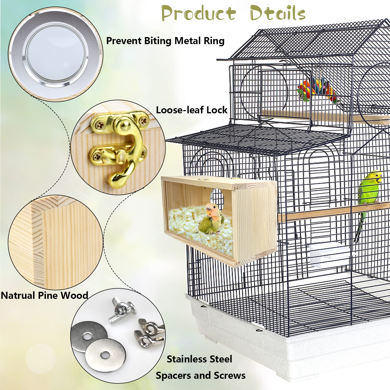 CooShou Parakeet Nesting Box Cockatiel Nesting Natural Pine Bird Nest Bird Breeding Box House Acrylic Transparent Bird Box with Detachable Wooden Board for Lovebirds Cockatiel Budgie Conure Parrot L