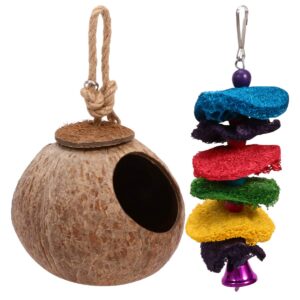 ultechnovo 2pcs coconut shell bird nest parakeet toys for cage summer toys coconut bird toy bird toys hanging birds with bells parrot shredder toys pet the bird the bell wooden