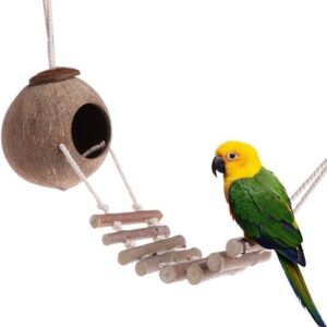 Natural Coconut Shell with Wood Ladder Bird Breeding Nest Bed Perch Swing Toy for Parrot Budgie Parakeet Cockatiel Conure Lovebird Canary Finch Small Parrot Hamster Rat Chinchilla Cage