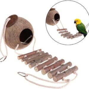 Natural Coconut Shell with Wood Ladder Bird Breeding Nest Bed Perch Swing Toy for Parrot Budgie Parakeet Cockatiel Conure Lovebird Canary Finch Small Parrot Hamster Rat Chinchilla Cage