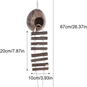 Natural Coconut Shell with Wood Ladder Bird Breeding Nest Bed Perch Swing Toy for Parrot Budgie Parakeet Cockatiel Conure Lovebird Canary Finch Small Parrot Hamster Rat Chinchilla Cage