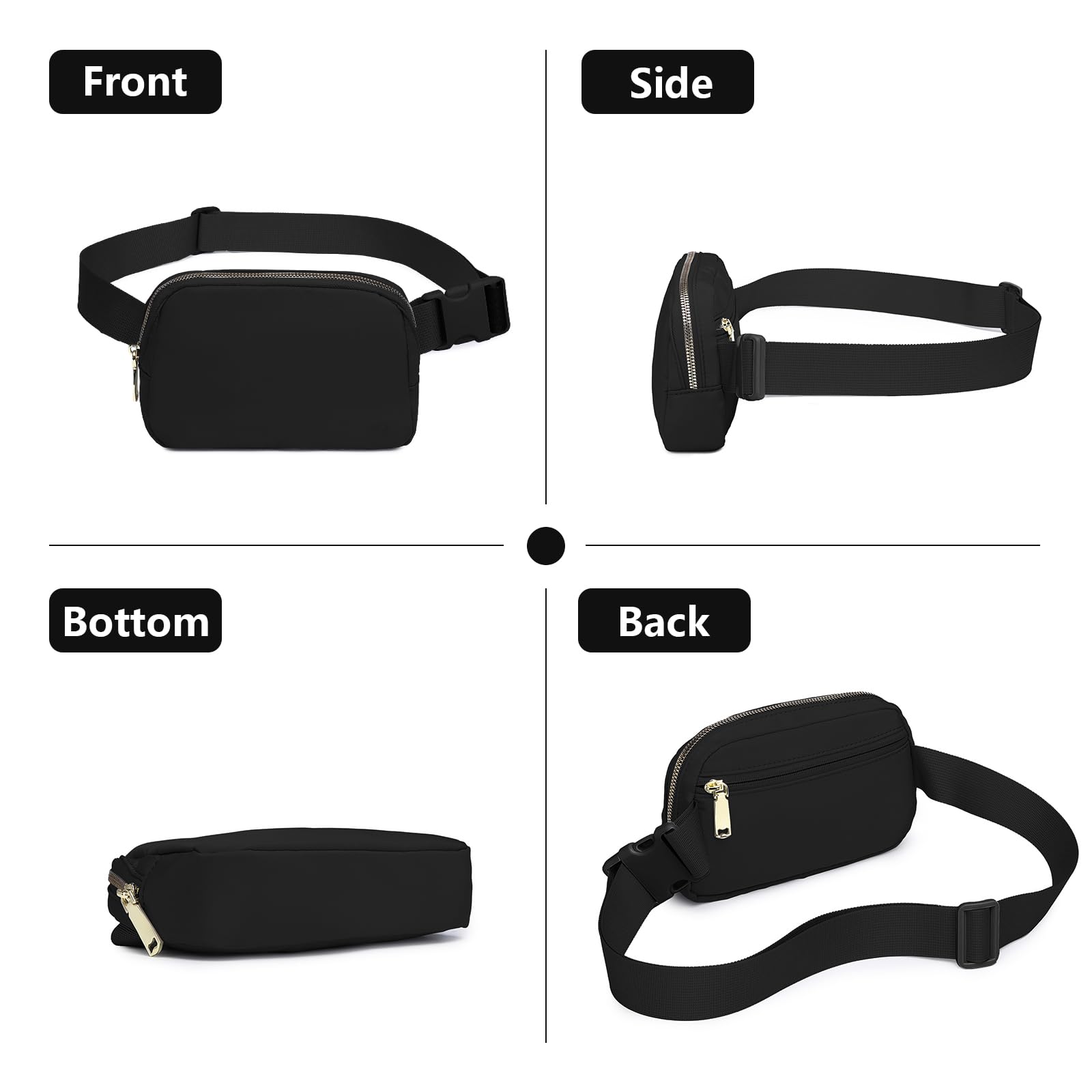 MISS LULU Unisex Mini Belt Bag with Adjustable Strap Small Waist Pouch for Workout Running Traveling Hiking (Black)