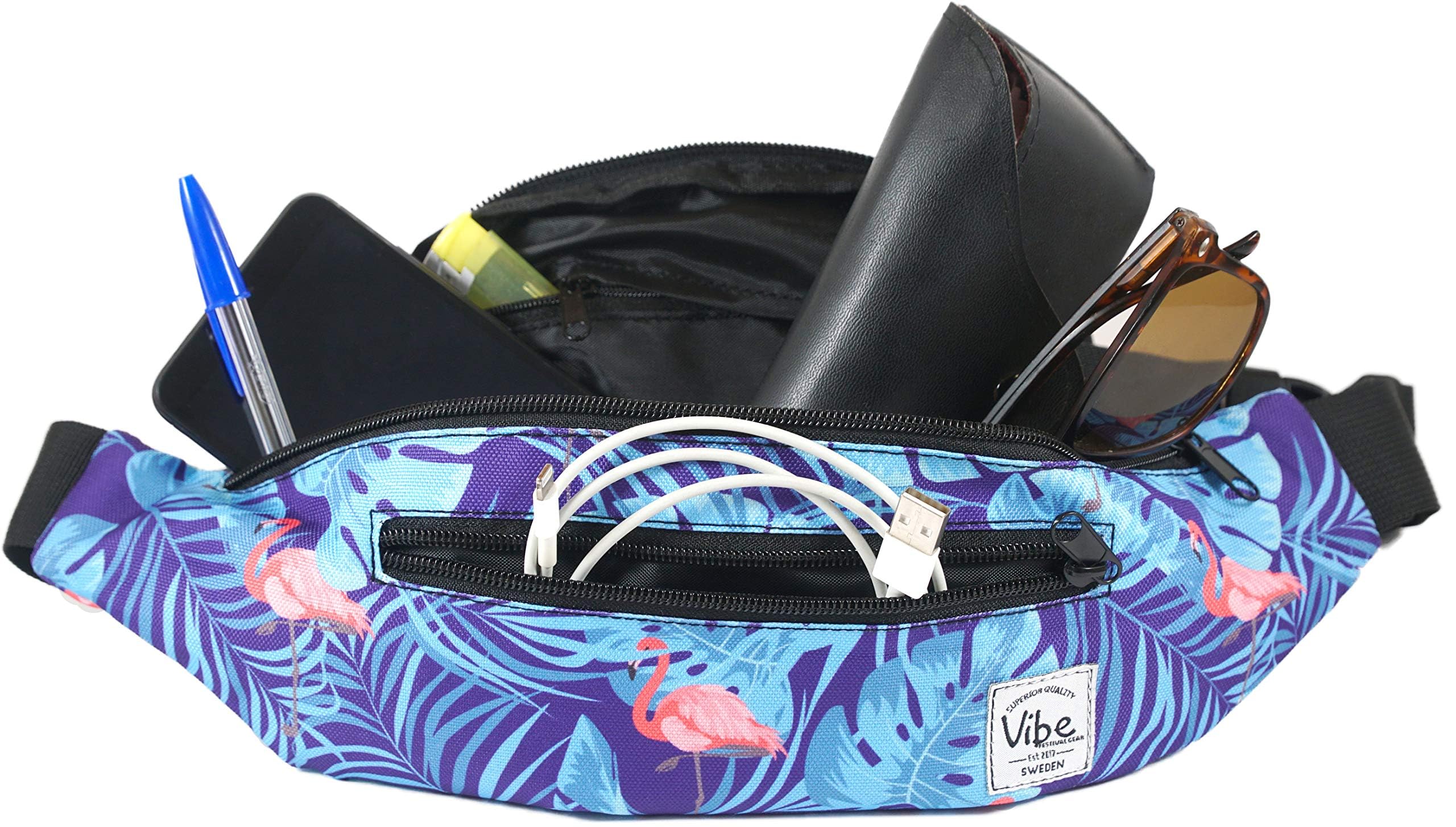 Vibe Festival Gear, proposed title- Vibe Festival Gear Fanny Pack for Men Women - Many Prints - Black Holographic Silver Gold Cute Waist Bag for Festival Rave Hiking Running Cycling