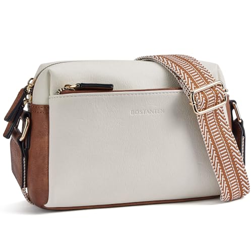 BOSTANTEN Small Crossbody Purse for Women Triple Zip Cell Phone Leather Shoulder Handbag with Wide Guitar Strap Beige with Brown