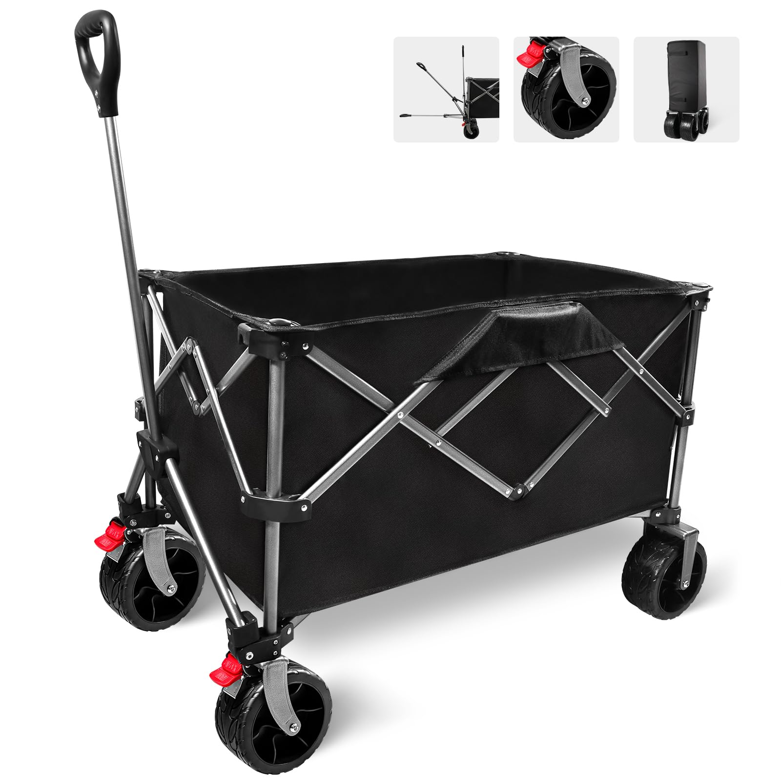 Collapsible Folding Wagon, Heavy Duty Utility Beach Wagon Cart for Sand with Big Wheels, Adjustable Handle&Drink Holders for Shopping, Camping,Garden and Outdoor (Black)