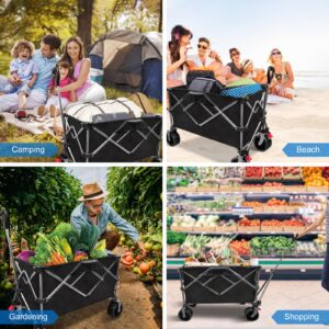 Collapsible Folding Wagon, Heavy Duty Utility Beach Wagon Cart for Sand with Big Wheels, Adjustable Handle&Drink Holders for Shopping, Camping,Garden and Outdoor (Black)