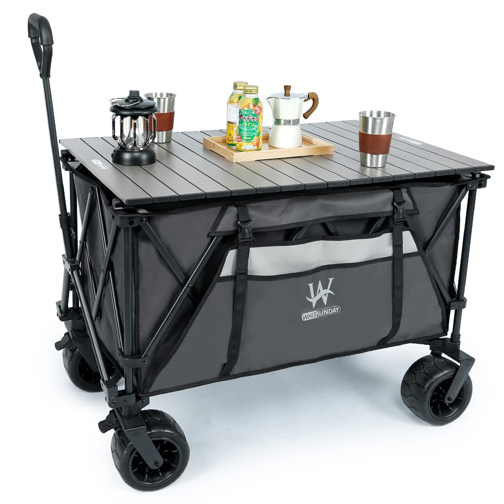 Whitsunday Heavy Duty Collapsible Wagon Cart,Folding Outdoor Wagon,Utility Camping Park Wagon Cart with Aluminum Table Plate (Grey)