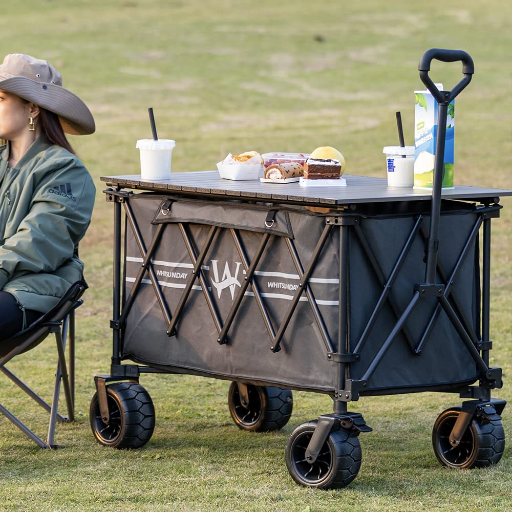 Whitsunday Heavy Duty Collapsible Wagon Cart,Folding Outdoor Wagon,Utility Camping Park Wagon Cart with Aluminum Table Plate (Grey)