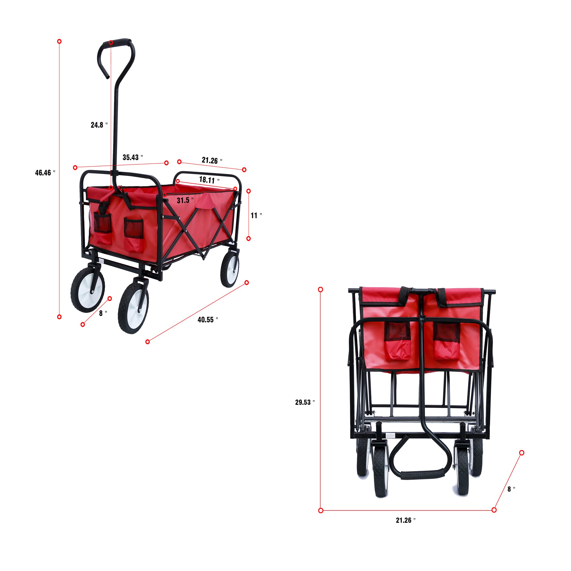 Canvas Wagon with Wheels Foldable, Collapsible Folding Wagon Utility Cart Foldable Heavy Duty All Terrain Wagon for Outdoor, Camping, Beach, Garden, Grocery (Red)