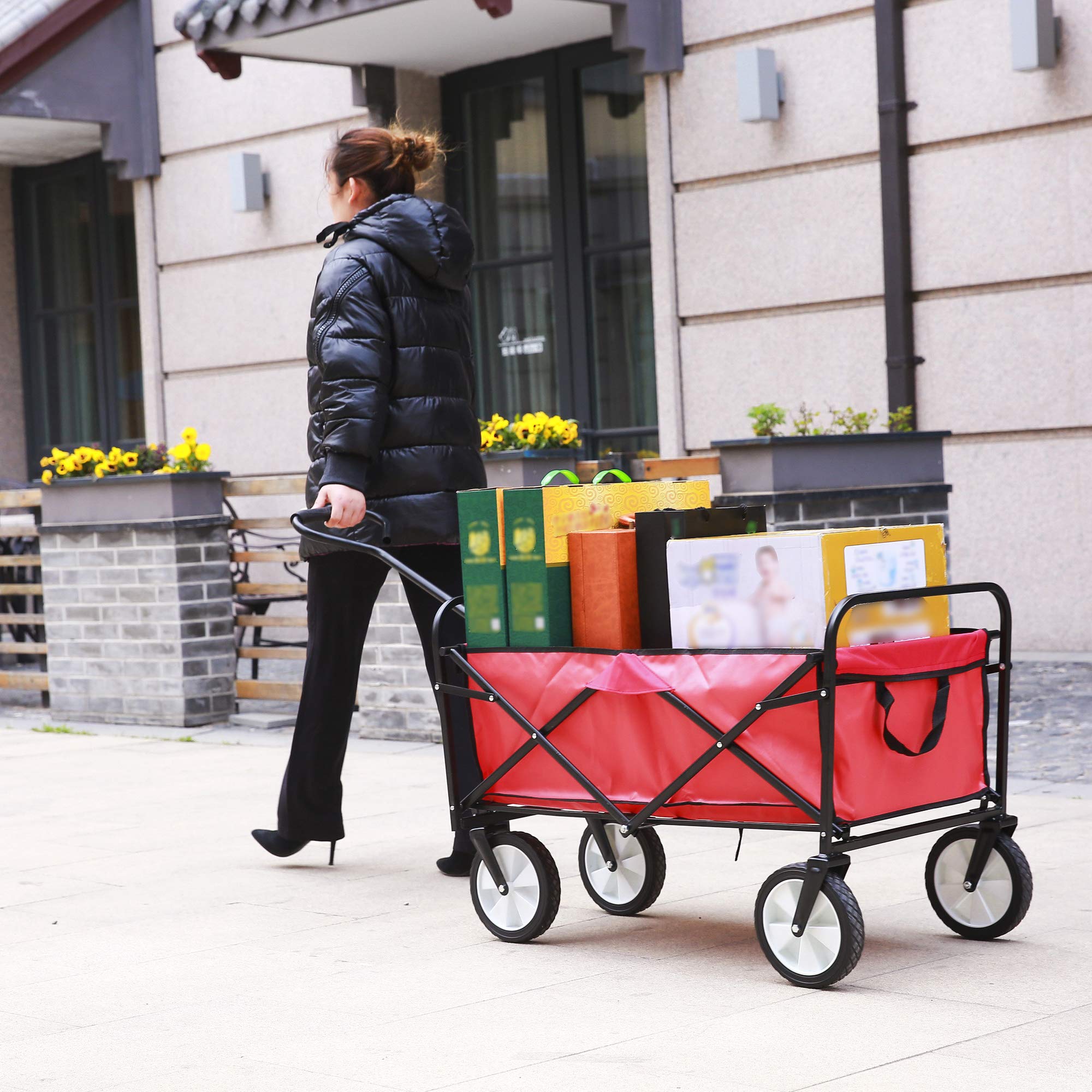 Canvas Wagon with Wheels Foldable, Collapsible Folding Wagon Utility Cart Foldable Heavy Duty All Terrain Wagon for Outdoor, Camping, Beach, Garden, Grocery (Red)