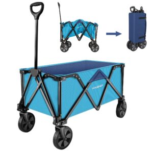 haushof heavy duty collapsible wagon, folding outdoor utility wagon, camping garden beach cart with universal quick release wheels, adjustable handle, 176 lbs load capacity, blue