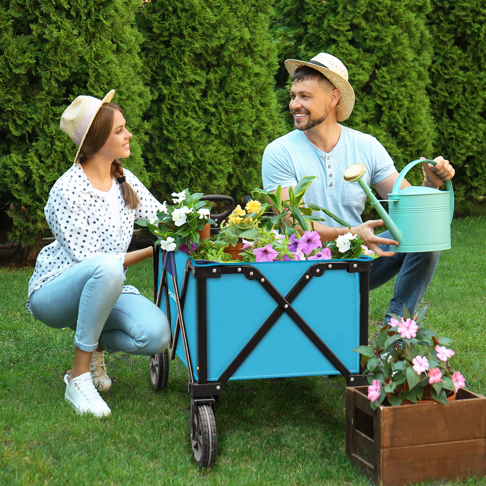 HAUSHOF Heavy Duty Collapsible Wagon, Folding Outdoor Utility Wagon, Camping Garden Beach Cart with Universal Quick Release Wheels, Adjustable Handle, 176 lbs Load Capacity, Blue