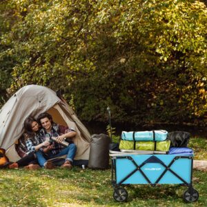 HAUSHOF Heavy Duty Collapsible Wagon, Folding Outdoor Utility Wagon, Camping Garden Beach Cart with Universal Quick Release Wheels, Adjustable Handle, 176 lbs Load Capacity, Blue