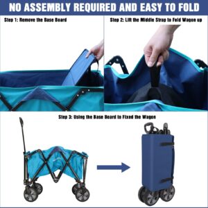 HAUSHOF Heavy Duty Collapsible Wagon, Folding Outdoor Utility Wagon, Camping Garden Beach Cart with Universal Quick Release Wheels, Adjustable Handle, 176 lbs Load Capacity, Blue