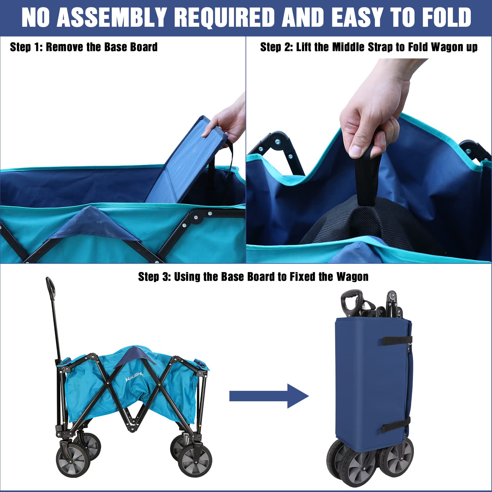 HAUSHOF Heavy Duty Collapsible Wagon, Folding Outdoor Utility Wagon, Camping Garden Beach Cart with Universal Quick Release Wheels, Adjustable Handle, 176 lbs Load Capacity, Blue