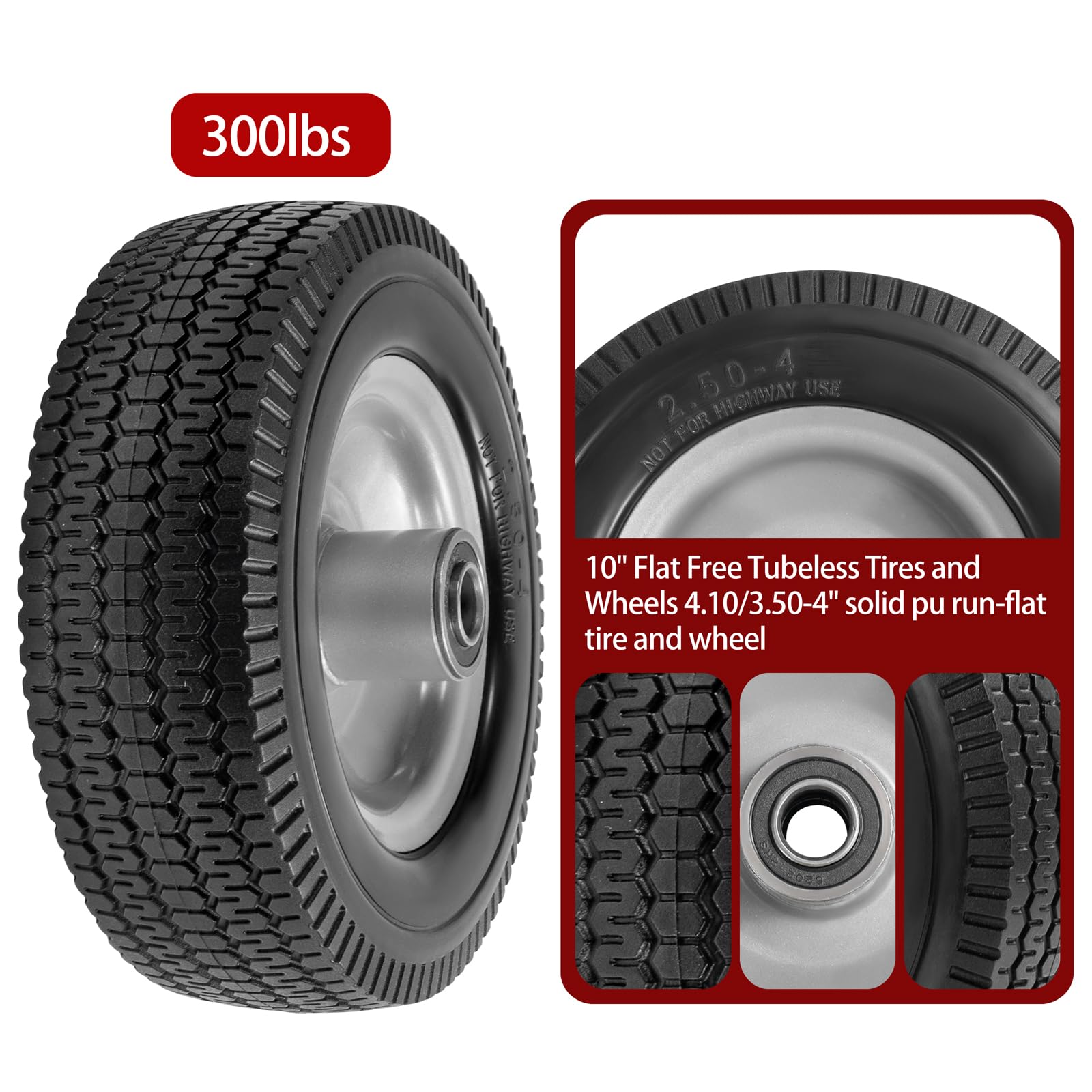 LTNICER 10" Solid PU Tires and Wheels,2-Pack Tires 4.10/3.50-4 Flat Free Tubeless Tire Replacement Wheels for Garden Cart, Hand Truck, Wheelbarrows- 5/8"Axle Bore Hole,2 1/4" Offset Hub