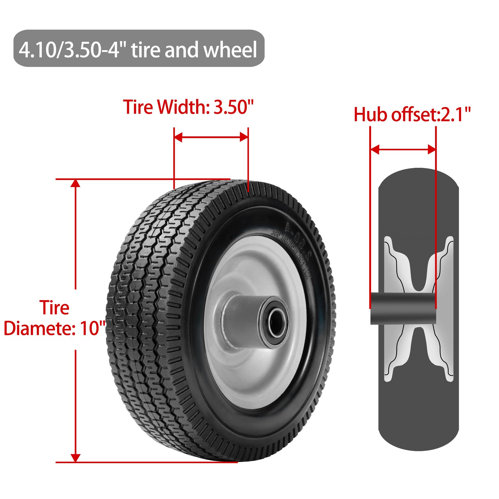 LTNICER 10" Solid PU Tires and Wheels,2-Pack Tires 4.10/3.50-4 Flat Free Tubeless Tire Replacement Wheels for Garden Cart, Hand Truck, Wheelbarrows- 5/8"Axle Bore Hole,2 1/4" Offset Hub