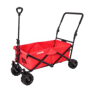 red wide wheel wagon all-terrain folding collapsible utility wagon with push bar - portable rolling heavy duty 150 lbs capacity canvas fabric cart buggy - beach, garden, sporting events, park, picnic