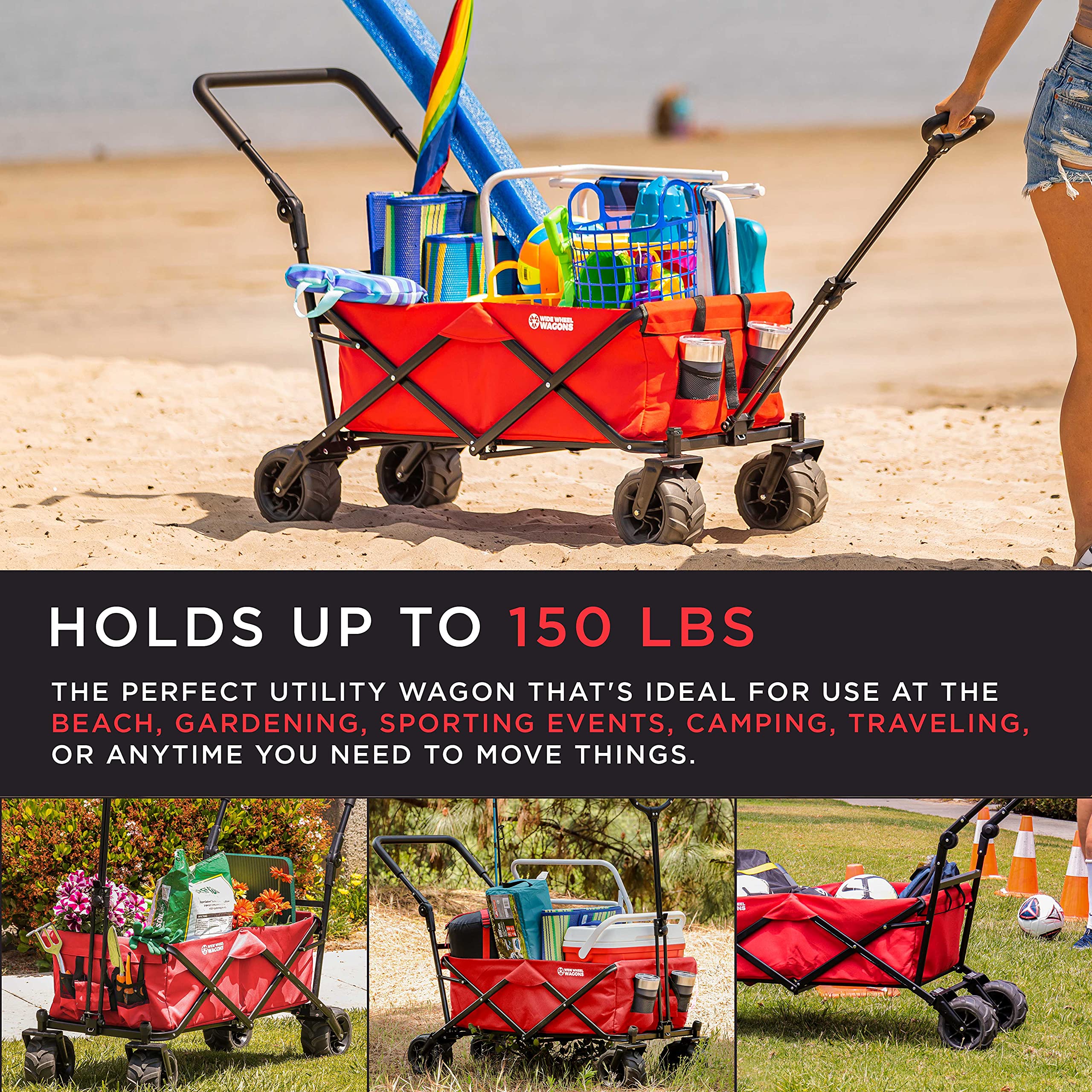 Red Wide Wheel Wagon All-Terrain Folding Collapsible Utility Wagon with Push Bar - Portable Rolling Heavy Duty 150 Lbs Capacity Canvas Fabric Cart Buggy - Beach, Garden, Sporting Events, Park, Picnic