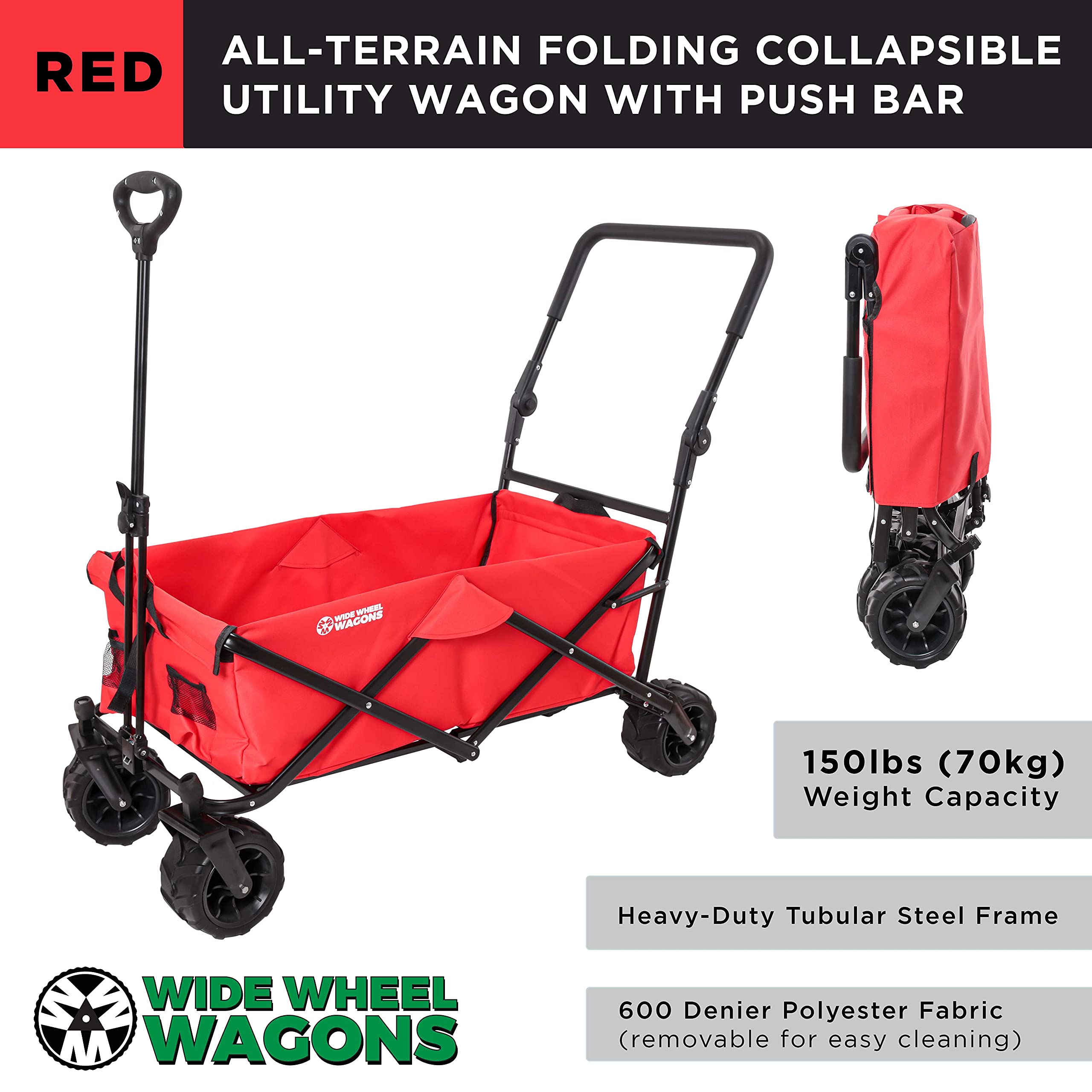 Red Wide Wheel Wagon All-Terrain Folding Collapsible Utility Wagon with Push Bar - Portable Rolling Heavy Duty 150 Lbs Capacity Canvas Fabric Cart Buggy - Beach, Garden, Sporting Events, Park, Picnic