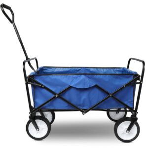 GPOAS Heavy Duty Collapsible Folding Wagon Cart Utility Outdoor Camping Shopping Garden Cart with 360° Universal Wheels & Adjustable Handle,176lbs/80kg Load Capacity,Blue