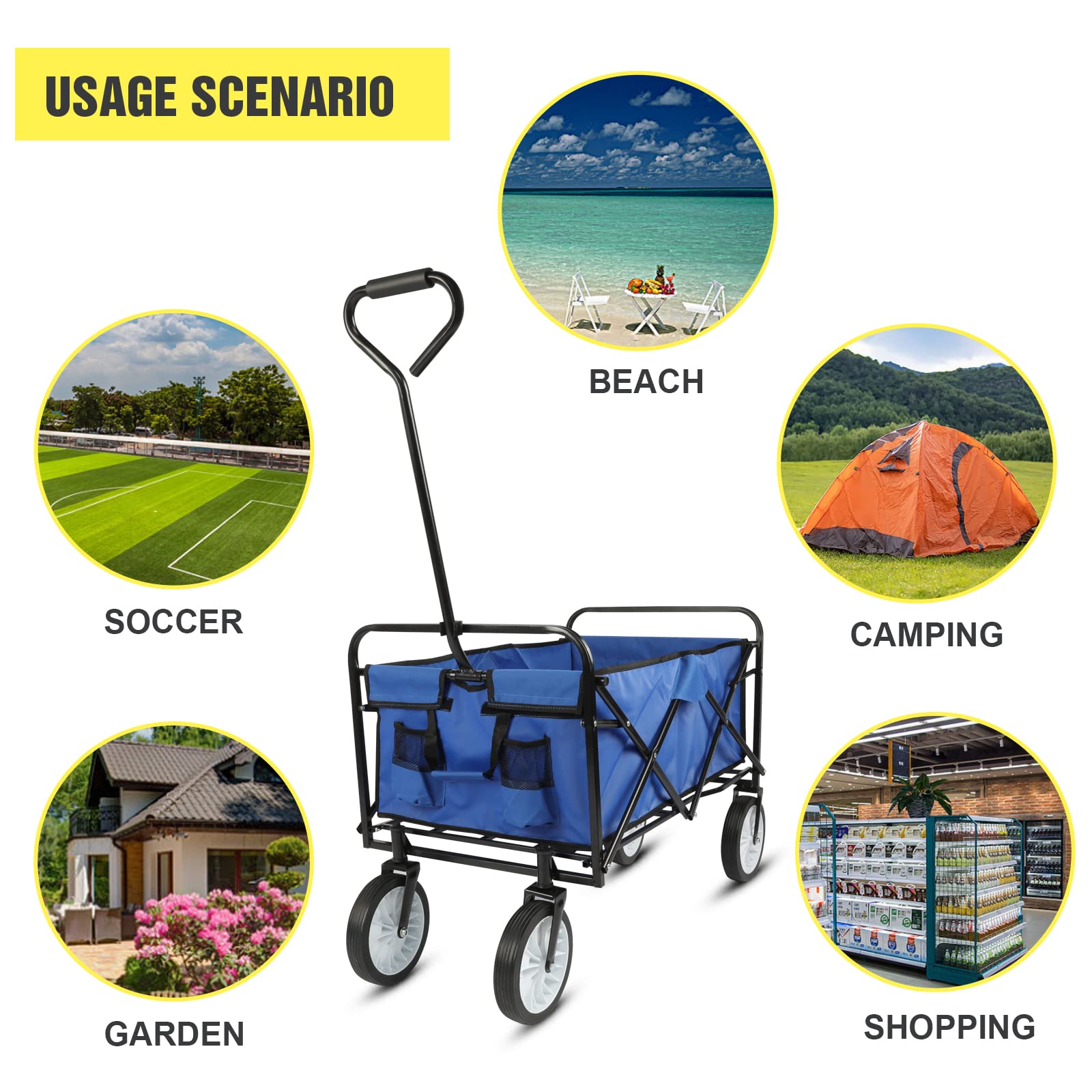 GPOAS Heavy Duty Collapsible Folding Wagon Cart Utility Outdoor Camping Shopping Garden Cart with 360° Universal Wheels & Adjustable Handle,176lbs/80kg Load Capacity,Blue