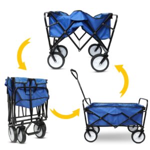 GPOAS Heavy Duty Collapsible Folding Wagon Cart Utility Outdoor Camping Shopping Garden Cart with 360° Universal Wheels & Adjustable Handle,176lbs/80kg Load Capacity,Blue