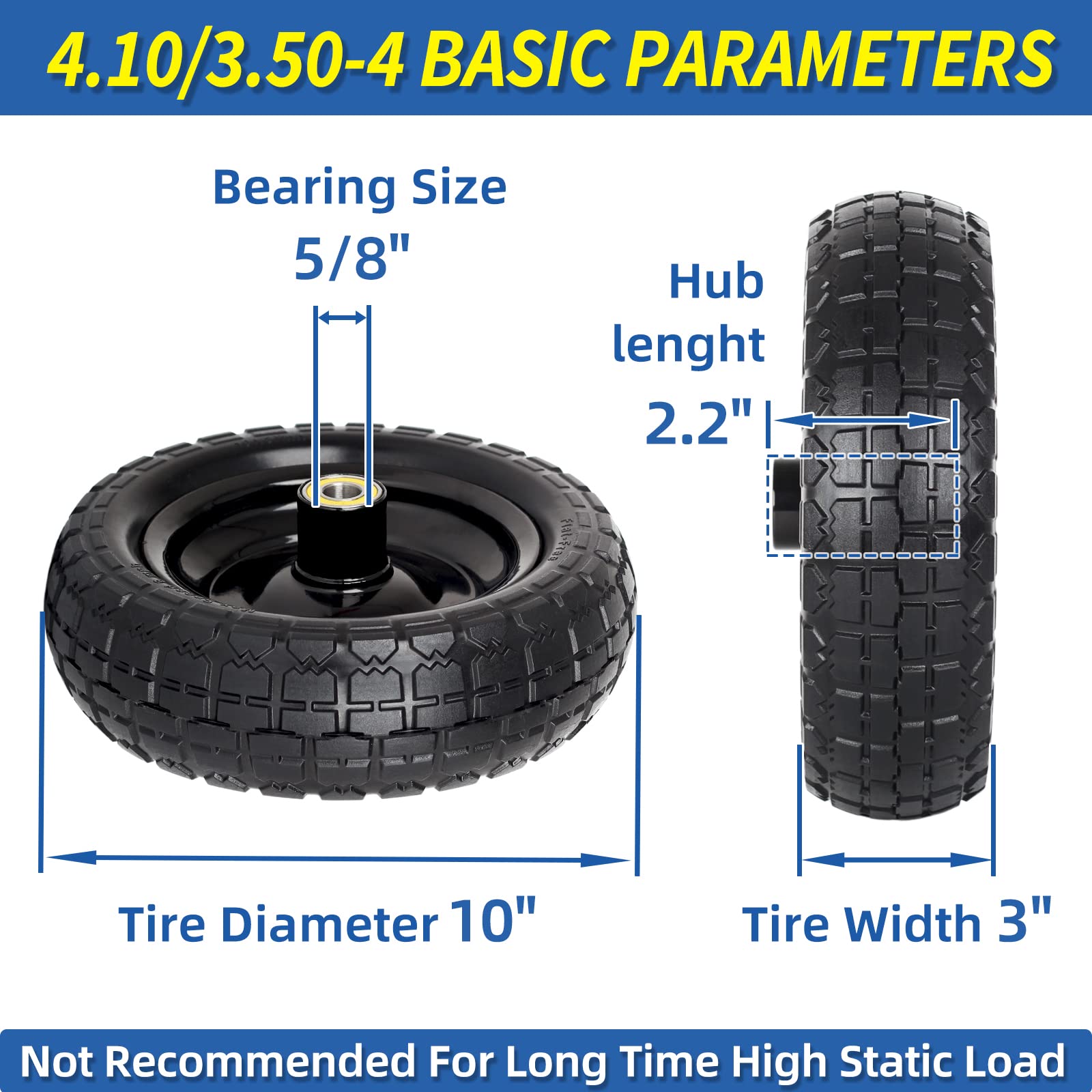 GICOOL 10" Flat-free Solid Tire and Wheel Replacement 4.10/3.50-4, with 5/8" Axle Bore Hole, 2.2" Offset Hub, Compatible with Hand Truck Tire Garden Wagon Trolley Dolly