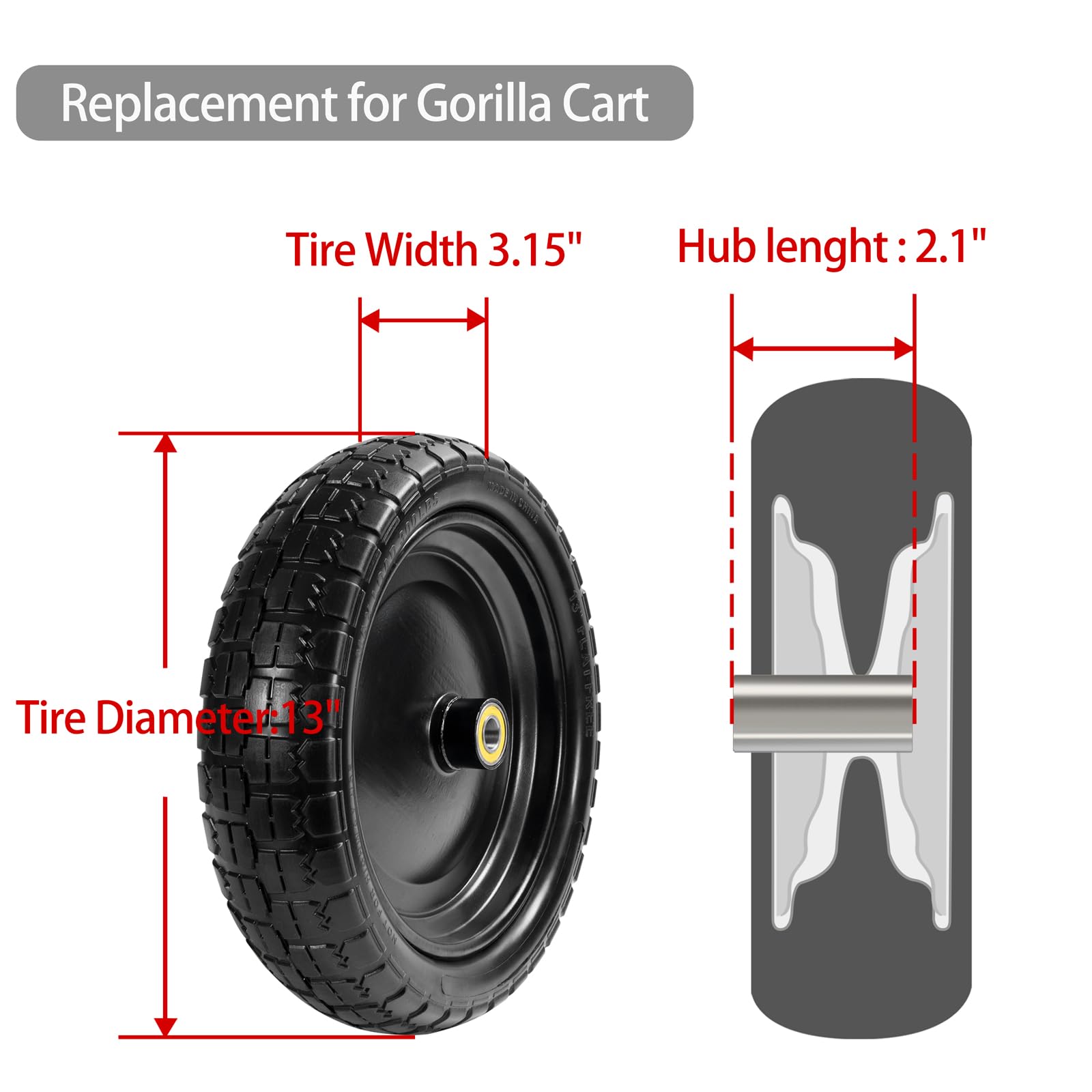 LTNICER 13" Tire Compatible with Gorilla Cart, 4.00-6 Flat Free Solid Tire and Wheel (Solid Polyurethane) for Wagon,Wheelbarrow,Yard Trailers-5/8" Bearings,Offset Hub 2.1" (2 Pack)