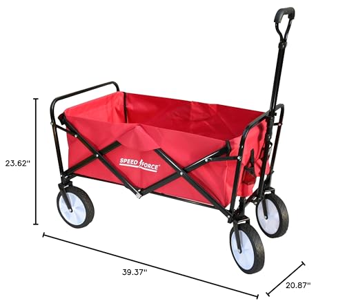 SPEEDFORCE Collapsible Folding Wagon, Utility Beach Wagon Cart, Side Pockets and Adjustable Handlebar, All Terrain Stroller Wagon for Outdoor Activities, Camping, Garden. Red