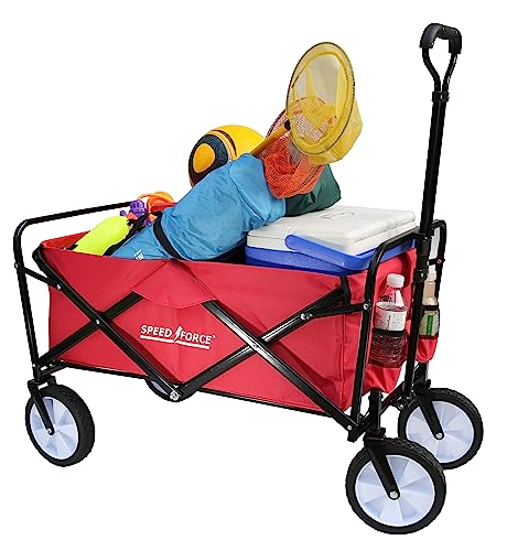 SPEEDFORCE Collapsible Folding Wagon, Utility Beach Wagon Cart, Side Pockets and Adjustable Handlebar, All Terrain Stroller Wagon for Outdoor Activities, Camping, Garden. Red