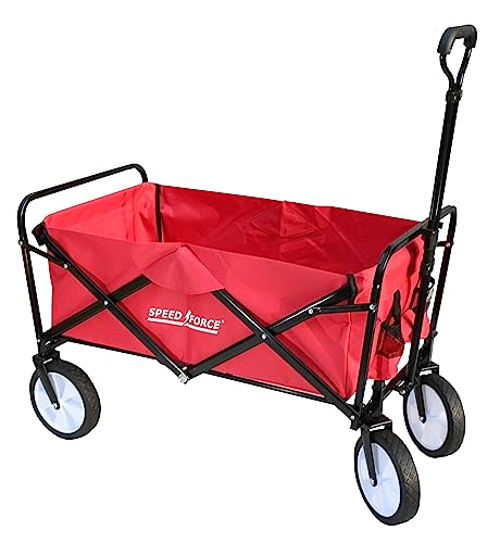 SPEEDFORCE Collapsible Folding Wagon, Utility Beach Wagon Cart, Side Pockets and Adjustable Handlebar, All Terrain Stroller Wagon for Outdoor Activities, Camping, Garden. Red